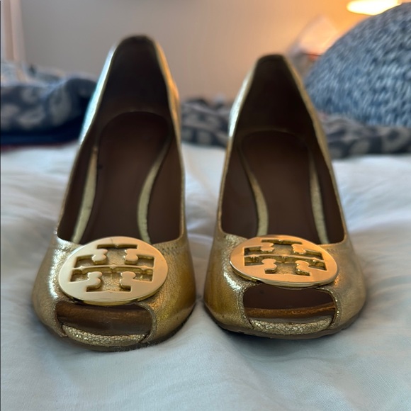Tory Burch | Shoes | Tory Burch Gold Peeptoe Wedge | Poshmark